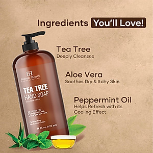 Botanic Hearth Tea Tree Liquid Hand Soap - Sulfate Free Formula - Multi Purpose Hand Wash with Aloe Vera and Premium Grade Tea Tree Oil, Pump Dispenser - 16 fl oz