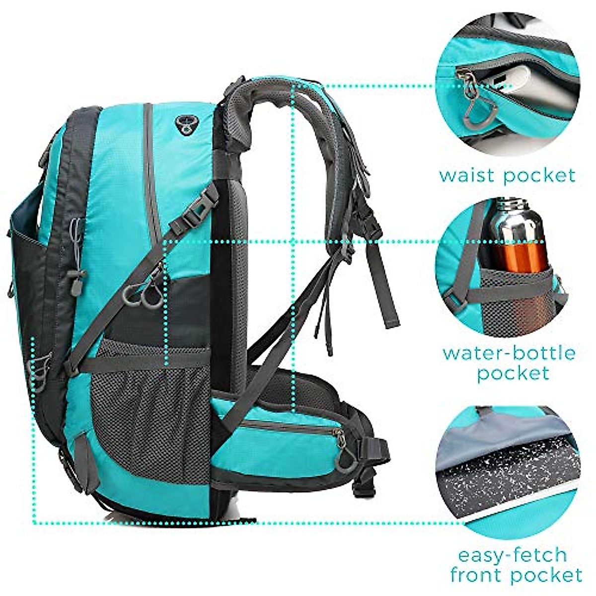 TurnWay Amanda 50L Water-Resistant Travel Backpack/Casual/Hiking/Camping Daypack with Rain Cover, Headphone Hole (Lake Blue)