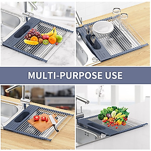 LEMIKKLE Roll Up Dish Drying Rack 17.5" x 15.2" Over The Sink Dish Drying Rack,Multi-Purpose Kitchen Rolling Dish Drainer Foldable SUS304 Stainless Steel Dish Drying Rack
