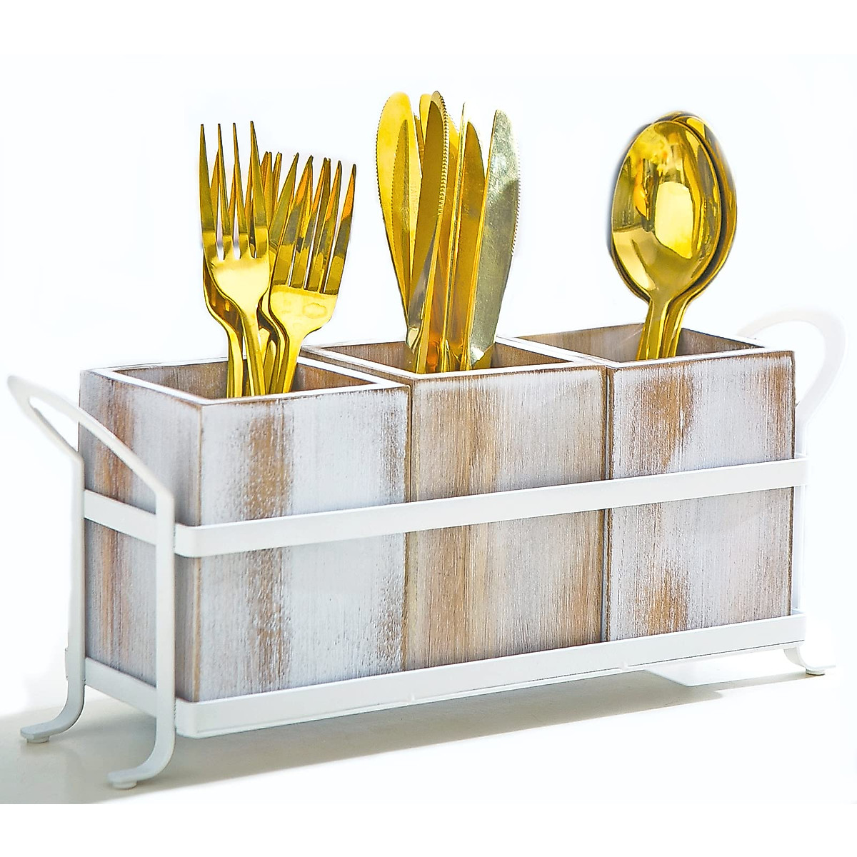 NelyBet Silverware Caddy Utensil Organizer for Countertop, Flatware Caddy with Metal Rack, Wooden Utensil Cutlery Holder with 3 Compartment for Kitchen Decor and Party -White