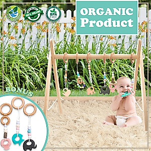 LAVIELLE Wooden Baby Gym Set with 6 Hanging Teethers, Montessori Foldable Play Gym for Newborns, Ideal Nursery Activity Center, Perfect Giftable Toy Set