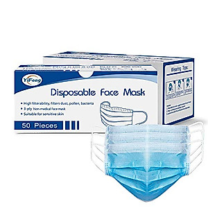 50pcs Disposable Face Masks, 3 Ply Safety Masks with Elastic Earloops and Adjustable Nose-bridge, Blue Breathable Mouth Masks for Protection against Air Pollution, Dust, Pollen