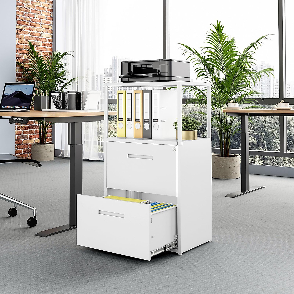 Fesbos File Cabinet with Shelves & 2 Lockable Drawers - Home Office Lockable Lateral Filing Cabinet for Hanging Files Letter/Legal/F4/A4 Size - Assembly Required