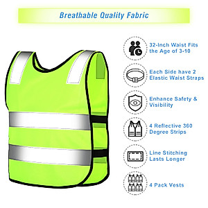 Flutesan Kids Reflective Vest 4 Pack Child Safety Visibility Vest Kids Safety Vest Construction Vest for Cycling Ski Running (Yellow)