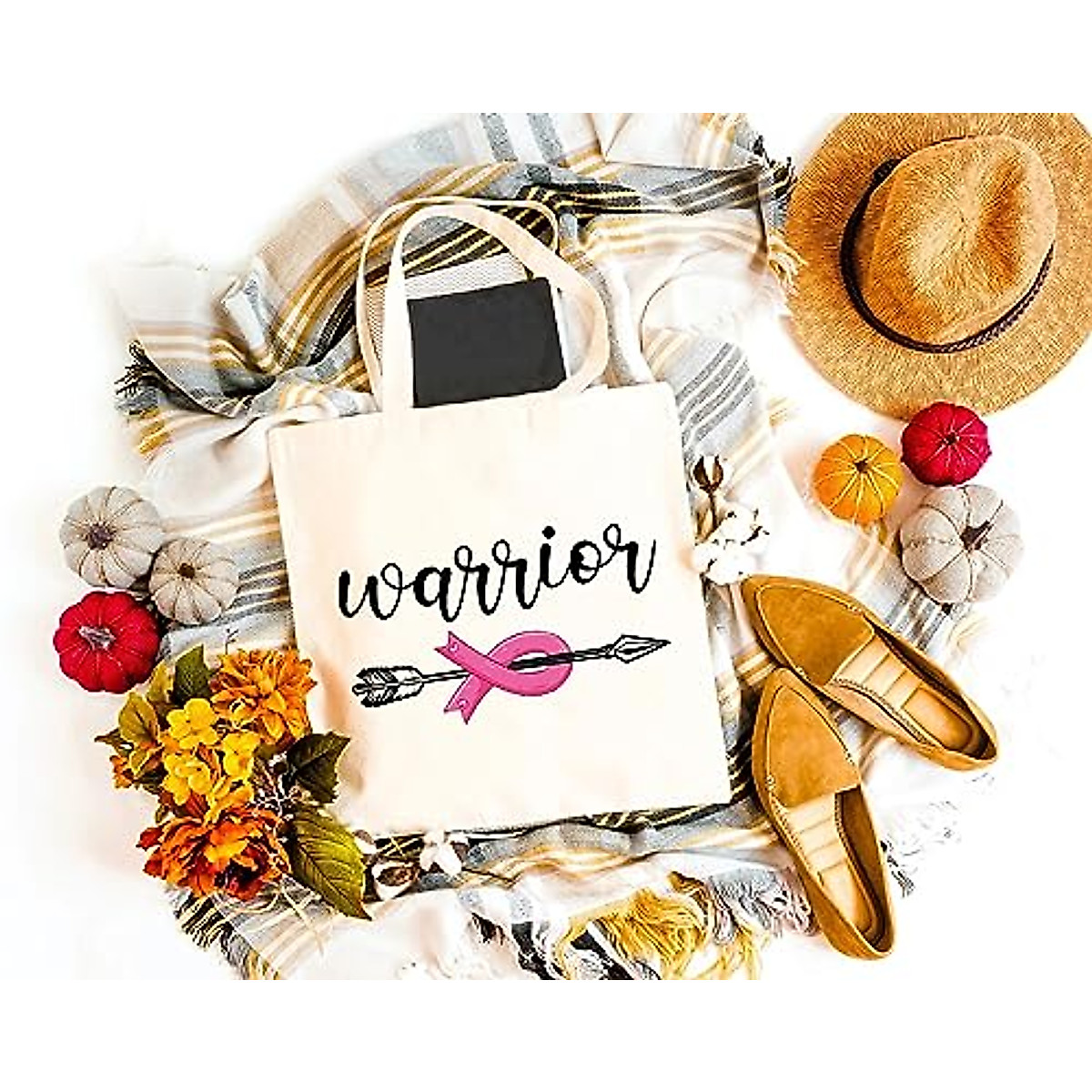 GXVUIS Breast Cancer Warrior Canvas Tote Bag for Women Pink Ribbon Graphic Reusable Grocery Shoulder Shopping Bag Girls Gift White