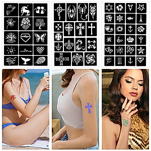 Qpout Tattoo Stencils For Kids Adults, 16 Sheets Henna Tattoo Stencil Kit, Small and Big Tattoo Stencils Designs, Tattoo Stencils for Real Tattoos, Skeleton Spider Owl Flower Butterfly Tribal Totem
