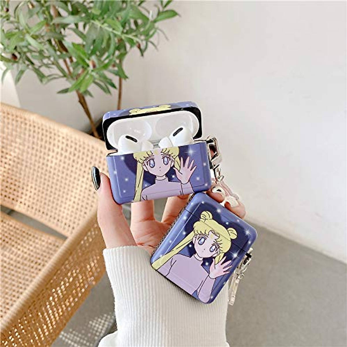 LUCKESSA Girls Women Beautiful Purple Star Sailor Moon Girl Pattern Earphone Case for AirPods 1/2, Soft IMD Sailor Moon Lightweight Rechargeable Earbud Cover Protective Skin +Magic Wand Keychain