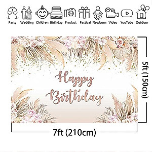 Mocsicka Boho Happy Birthday Backdrop Women Girls Boho Chic Pink Flowers Birthday Background Vinyl Bohemian Pampas Grass Party Cake Table Decorations Photo Booth (7x5ft)