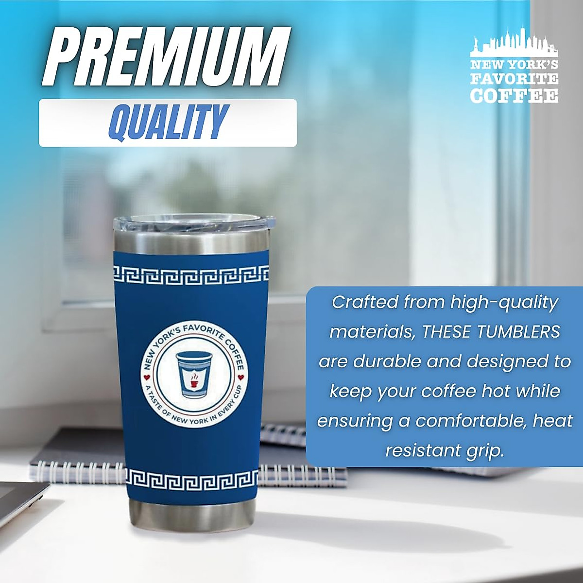 New York's Favorite Coffee New York Greek Anthora Style 20oz Blue Coffee Tumbler with Mag Lid - Logo - Spill-Proof Travel Mug with Clear Mag Lid