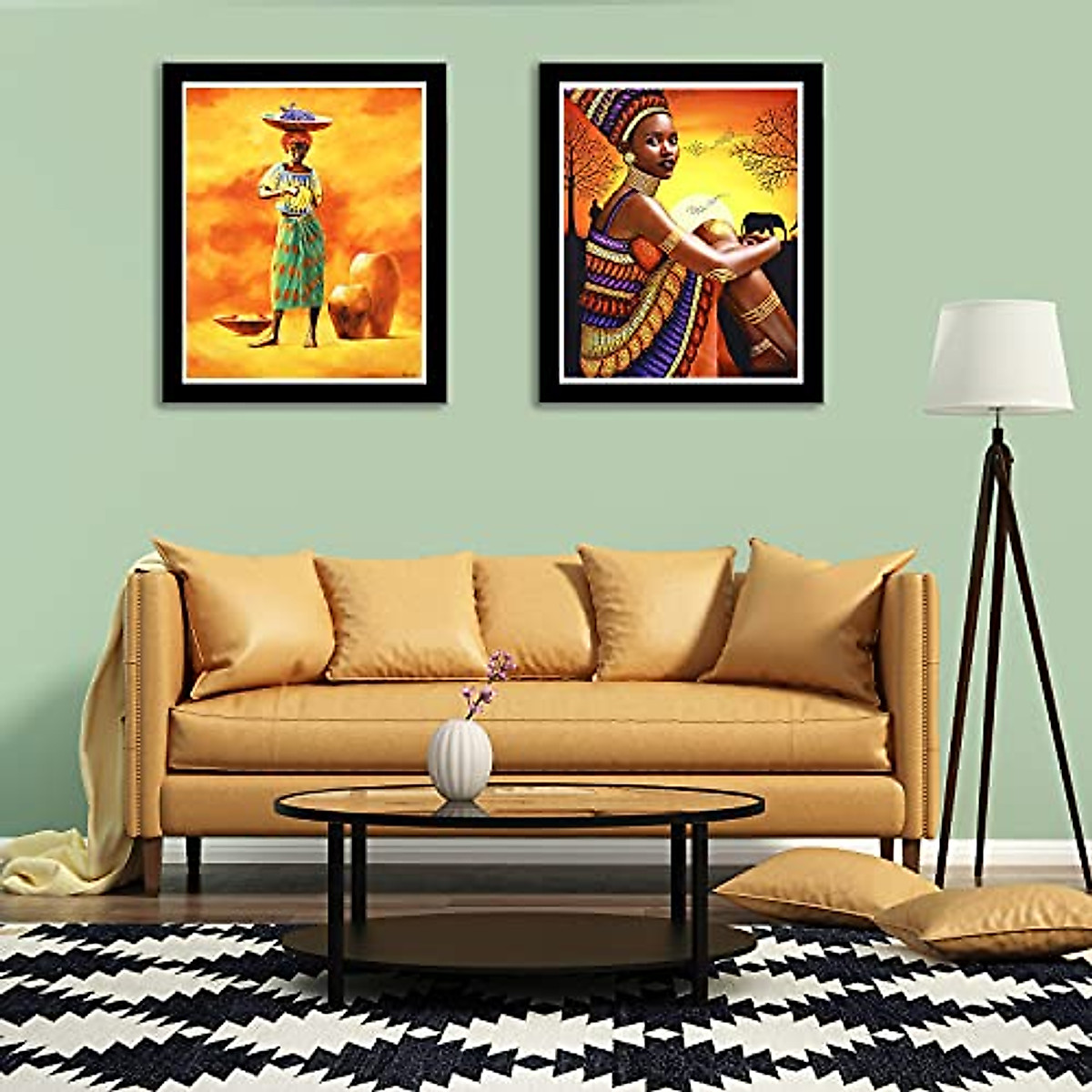 Outus 6 Pieces African Wall Art Painting Ethnic Ancient Retro Canvas Picture Black Woman Ethnic Ancient Theme Diamond Girl for Home Bedroom Bathroom Wall Decor, Unframed