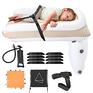 Athradies Inflatable Airplane Bed for Toddler, Baby Airplane Travel Bed, Kids Bed Airplane with Tag Security Blanket, Hand Pump, Seat Belt and Carry Bag