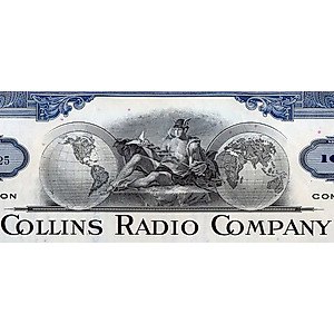 1965 SUPERB ART DECO VINTIAGE COLLINS RADIO STOCK CERTIFICATE! WW2 MILITARY and AEROSPACE COMMUNICATIONS! BUY 2 and 2ND COLOR SHIPS FREE! 100 SHARES (Blue) Unicrculated