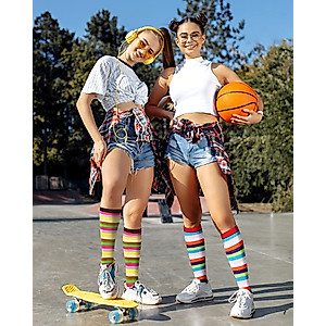 Jeere 6 Pairs Rainbow Toe Socks Women Cotton Knee High Toe Socks With Toes Separated Striped Thigh High Socks Leg Warmers LGBT Pride Long Socks (Black, Grey, Pink, Red, Coffee, Green)