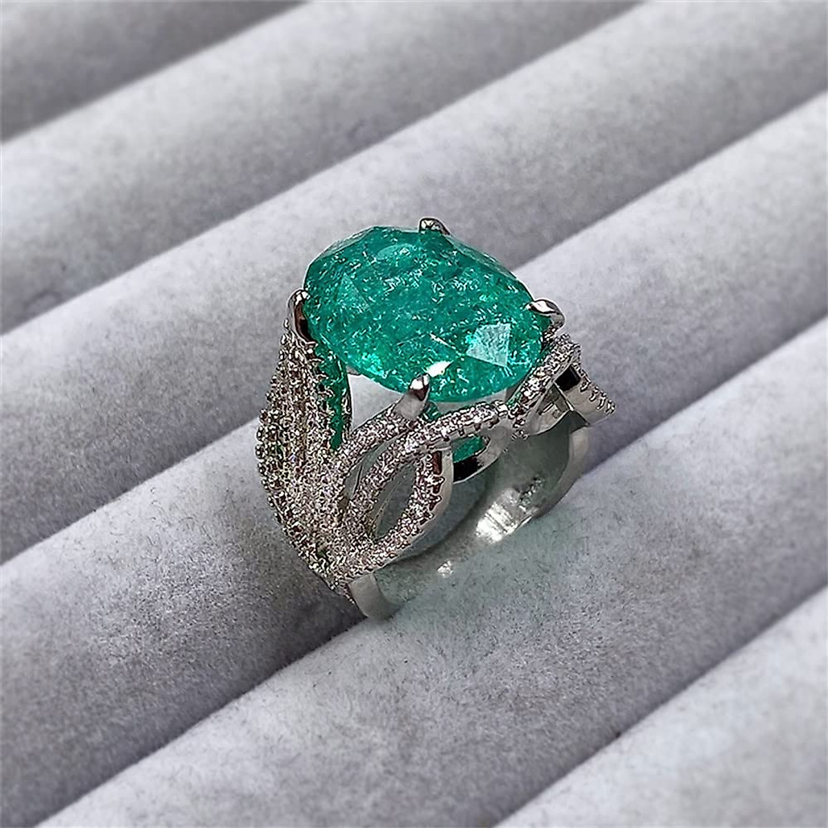 Vintage 925 Sterling Silver Full Diamond Ring Oval Cut Large Carat Green Gem Promise Rings CZ Diamond Multi Row Eternity Engagement Wedding Band Ring for Women HM428 (10)