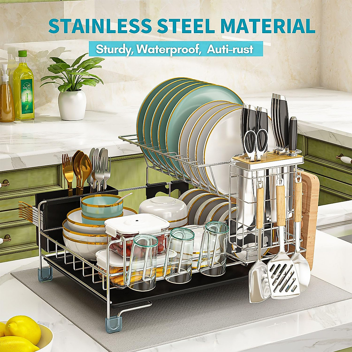 slhsy Dish Drying Rack, Stainless Steel 2-Tier Dish Rack with Cup Holder Utensil Holder Cutting Board Holder Knife Holder Drain Board for Kitchen Counter