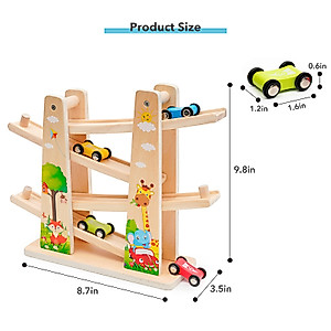KUSARKO Wooden Race Car Ramp, 4 Level Car Ramp Race Track Toy with 4 Mini Cars, Toddler Race Car Ramp Toy Set, Gift for 3+ Age Boys and Girls