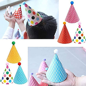 ELakiss 11PCS Birthday Party Cone Hats - Pom Poms,Lovely Cake Cone Birthday Paper Hats,Lovely Crown,For Children and Adults (9 hats and 2 crowns)