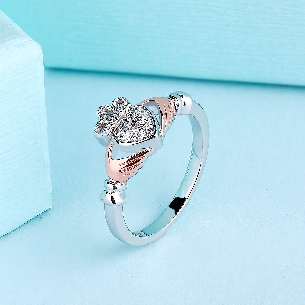 JO WISDOM 925 Sterling Silver Cubic Zirconia Rose Gold Claddagh Heart Promise Ring Size 8