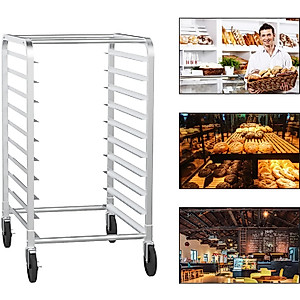 ROVSUN 10-Tiers Sheet Bun Pan Speed Bakery Tray Racks, Commercial Stainless Steel Baking Racks with Brake Wheels, Push Bread Tray Food Cart, Perfect for Kitchen/Dining Rooms