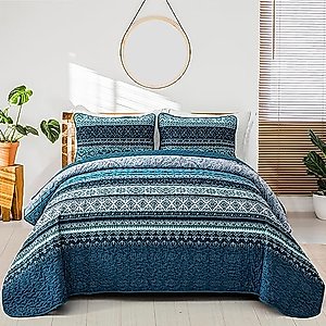WONGS BEDDING Boho King Quilt Set, Blue Bohemian King Quilt Bedding Set, Lightweight Microfiber Bed Decor Bedspread for All Season 103"x90"(3 Pieces)