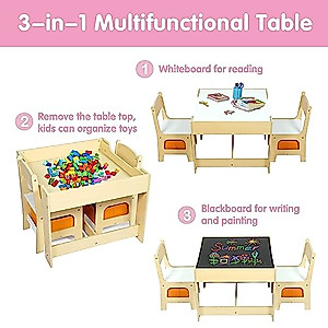kinbor Kids Table and Chair Set with Detachable Tabletop, 3 in 1 Wooden Children Activity Table with Storage Drawers, Gift for Toddlers Arts, Crafts, Eating, Blocks, Reading, Playroom
