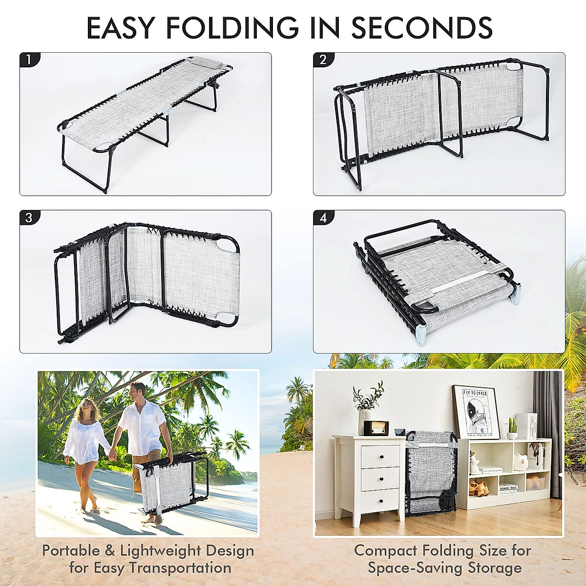 Tangkula Foldable Beach Lounge Chair for Outside, Sunbathing Chair with Removable Headrest, 4-Position Adjustable Backrest, Portable Tanning Chaise Lounger for Yard, Patio, Beach, Camping (1, Grey)