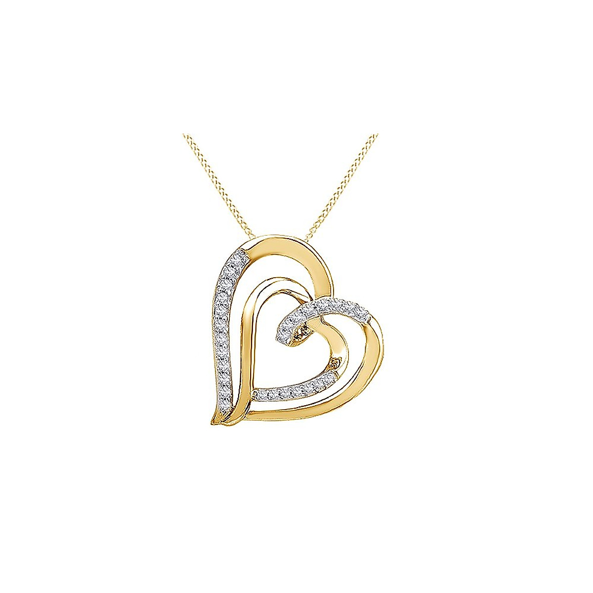 Jewel Zone US Round White Natural Diamond Double Heart Pendant Necklace in 14k Yellow Gold Over Sterling Silver (1/6 Ct)