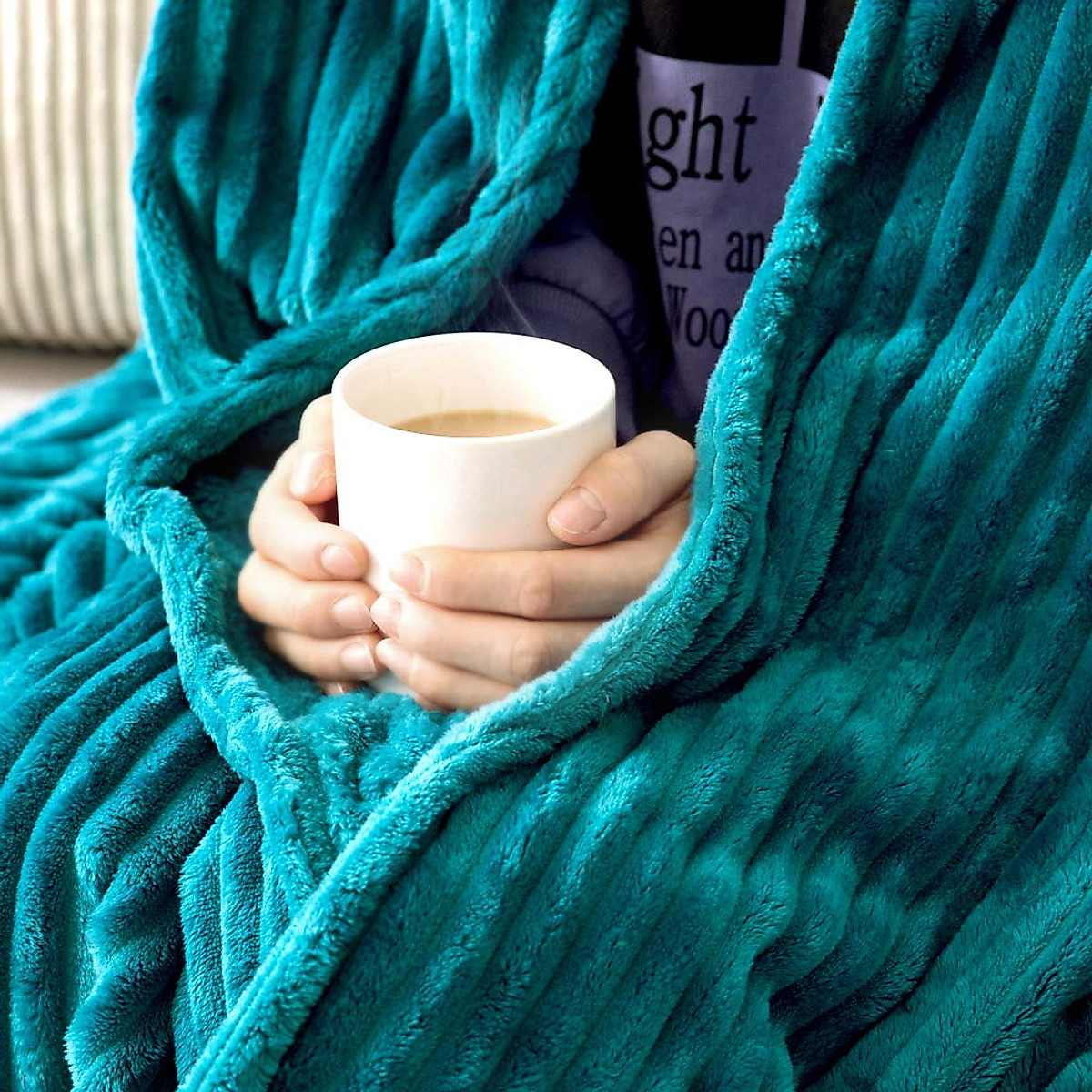 MIULEE Fleece Throw Blanket for Couch 300GSM Super Soft Lightweight Plush Striped Blanket, Teal Blue Warm Cozy Breathable Ribbed Blanket for Bed/Sofa, Throw Size 50"x60", Turquoise