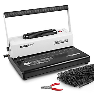 MAKEASY Coil Spiral Binding Machine - Manual Hole Punch - Electric Coil Inserter - Adjustable Side Margin - for Letter Size/A4/A5, Comes with 100pcs 5/16'' Plastic Coil Binding Spines & Plier