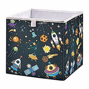 Space Rockets UFO Cube Storage Bin Collapsible Storage Bins Waterproof Toy Basket for Cube Organizer Bins for Kids Nursery Book Bathroom Closet Girls Boys - 11.02x11.02x11.02 in