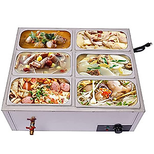 6 Pot Commercial Food Warmer 110V Buffet Food Warming Tray, 850W Countertop Electric Table Steamer Stainless Steel Soup Pot 30 to 85° Adjustable 6-Pan Food Warmer for Catering, Restaurants