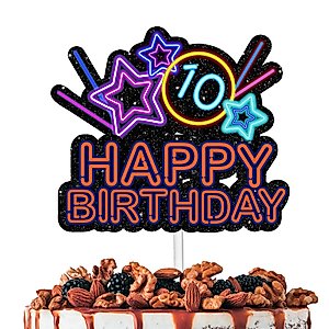 Colorful Glitter Star Happy Birthday 10 Cake Topper Let’s Glow Crazy Party Theme Decoration Supplies Boys Girls Happy 10th Birthday Anniversary Party Decor Supplies