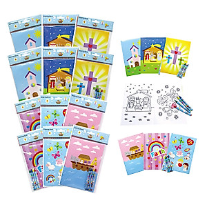 Tiny Mills Christian Religious Coloring Book Set for Kids with 12 Coloring Books and 48 Crayons Favor Bag Filler Sunday School VBS Rewards Basket Fillers Church Carnivals
