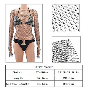 Formery Sexy Rhinestone Mesh Body Chains Top Long Sleeve Crystal Fishnet Cover Up Crop Top See Through Hollow Out Bikini Rave Top Swimsuit Coverups for Women and Girls(Black)