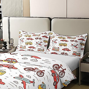 jejeloiu Cartoon Car Bedding Cotton Duvet Cover Set Kids Train Airplane Print Duvet Cover 100% Cotton King Size Boys Girls Decor Bus Bicycle Rider Comforter Cover Set Aircraft Red Bedspread Cover