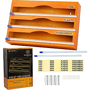 BASILEIA 3 in 1 Plastic Wrap Dispenser with Cutter - Bamboo Foil Organizer with 2 Extra Cutters & 24 Label for Cling Wrap, Aluminum Foil, Wax & Parchment Paper-Rolls up to 12"