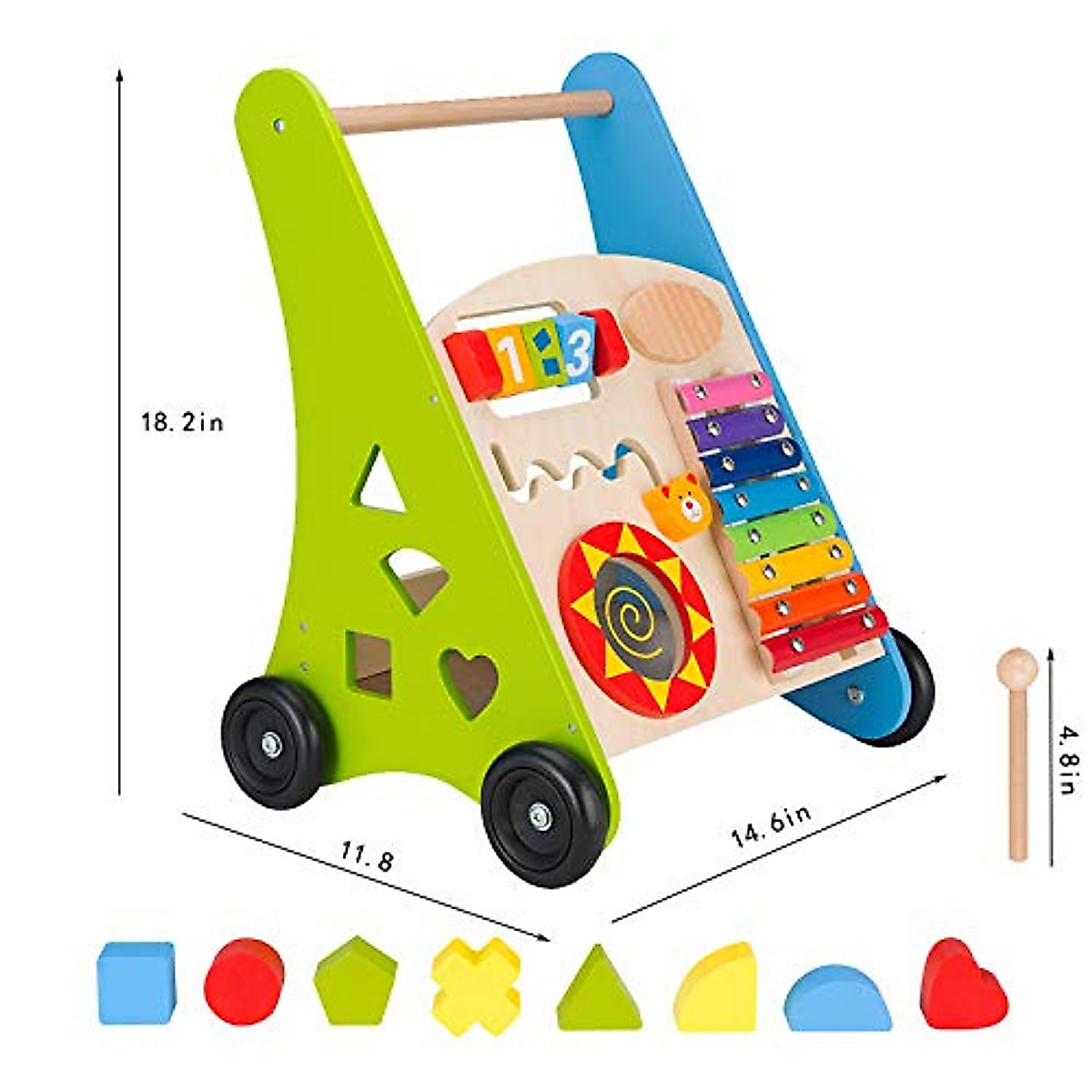 Wooden Baby Push Walkers for 1 Year Old Boys Girls, Push and Pull Learning Activity Center with Xylophone Shape Sorter Montessori Toys