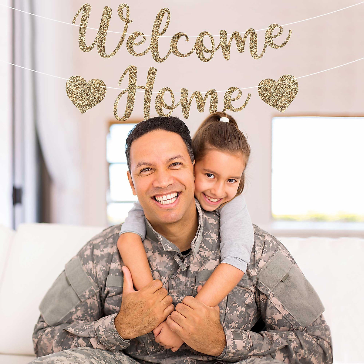 Pre-strung Welcome Home Banner - No DIY - Gold Glitter Script Welcome Home Banner - Pre-strung on 6 ft Strand - Housewarming, Homecoming, & Military Return Party Decorations. Did We Mention No DIY