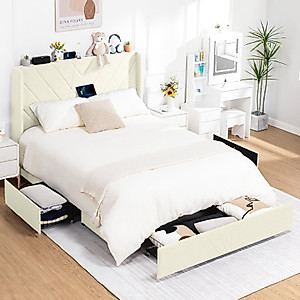 COMHOMA Queen Bed Frame with Headboard and Storage, Upholstered Platform Bed with 3 Drawers, Metal Queen-Size Bedframe with USB Charging Station & Type-C Port/No Box Spring Needed/Easy Assembly, White
