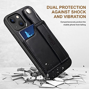 Hongxinyu for iPhone 15 2023 Case, PU Leather Wallet Case Back with Elastic Card Slot Magnetic Clasp Kickstand Hand Strap Protective Cover for iPhone 15 (Black)