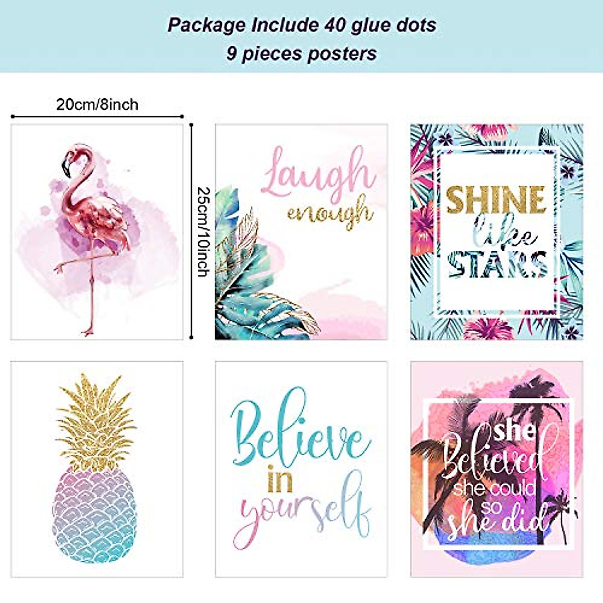 Outus Set of 9 Inspirational Prints Teen Girl Room Wall Art Flamingo Pineapple Leaf Motivational Phrases Posters Girls Bedroom Home Decorations Unframed