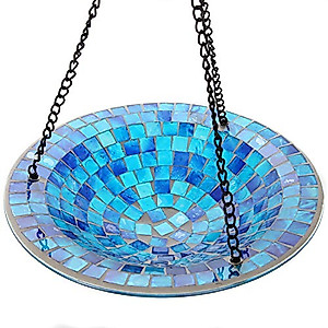 Lily's Home Hanging Colorful Mosaic Glass Bird Bath Bowl - 11" Diameter. (Blue)