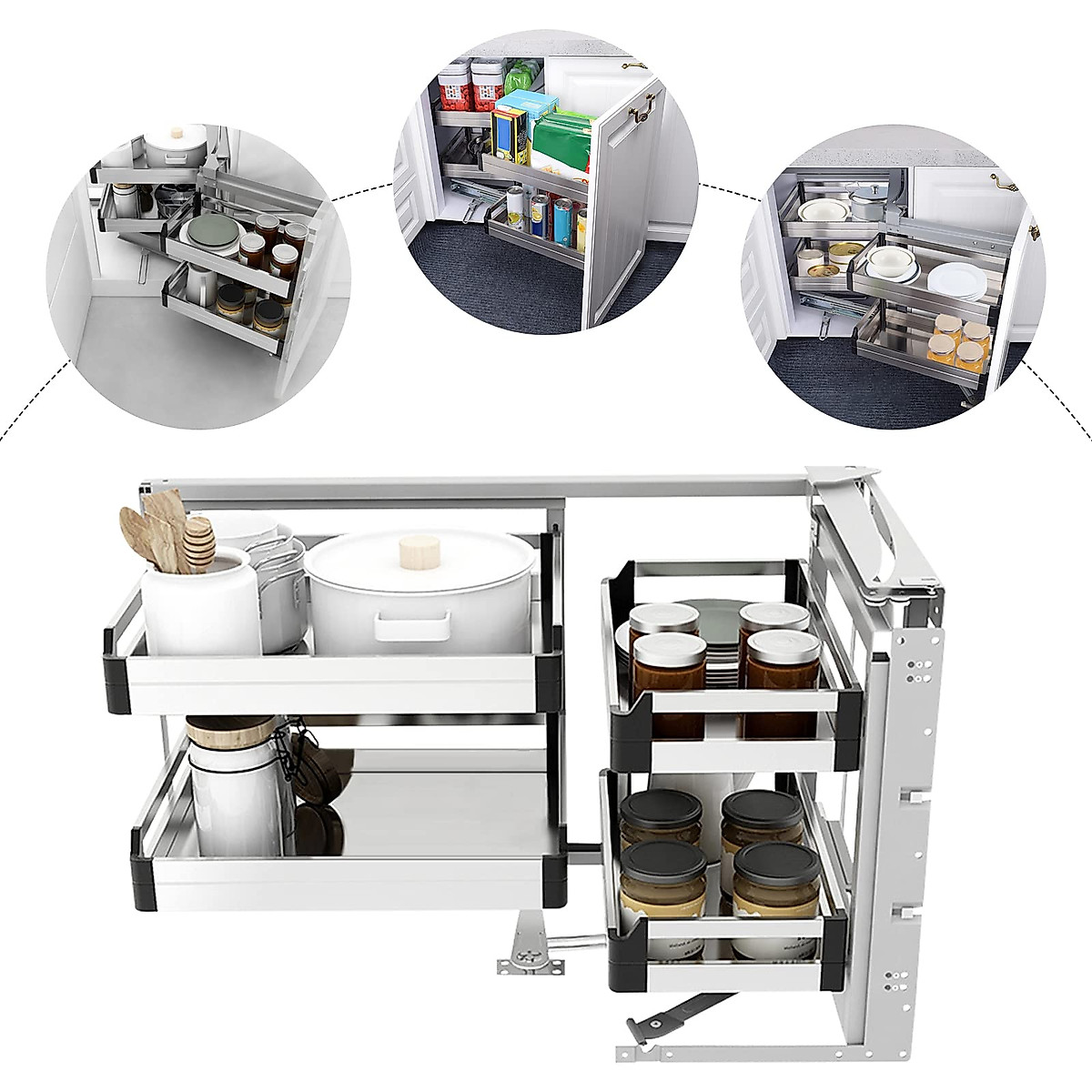 LOYALHEARTDY Blind Corner Cabinet Pull Out, 15in Open Stainless Steel Blind Corner Cabinet Organizer with 2 Tiers 4 Baskets Blind Corner Soft Close Swing Tray for Right Handed Open Cabinet