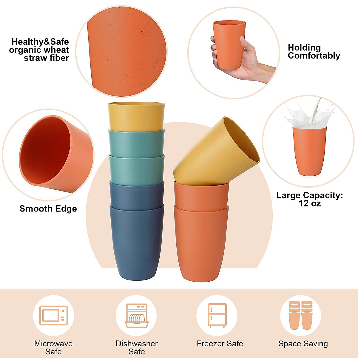 ninjori Wheat Straw Cups,8 PCS Plastic Cups 12 oz Unbreakable Drinking Cup, Reusable Dishwasher Safe Water Glasses with 4 Colors for Drinking Water Juice Milk Soda Coffee
