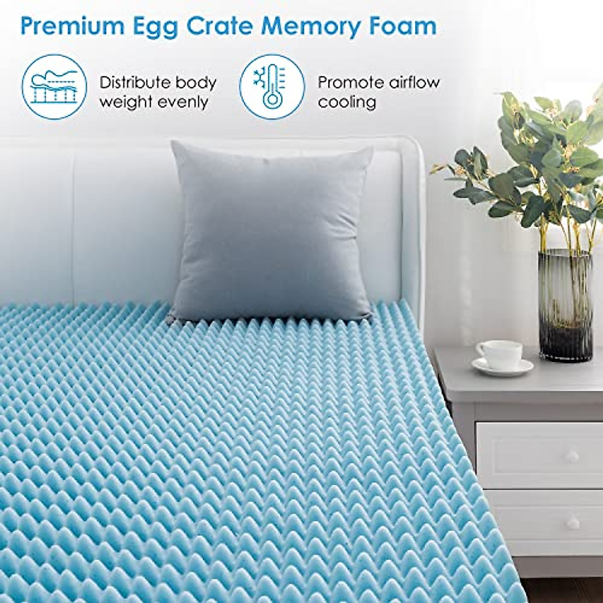 Queen Mattress Topper, 3 Inch Cooling Memory Foam Mattress Topper Queen, Egg Crate Gel Foam Bed Pillow Top Pad Mattress Topper for Back Pain, with Fitted Removable Bamboo Cover