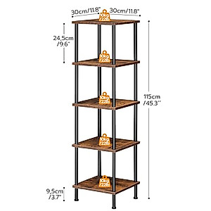 HOOBRO 5-Tier Corner Shelf Stand, Corner Square Rack Display Shelf, Tall Storage Rack Plant Stand, Corner Bookcase for Small Spaces, Living Room, Home Office, Kitchen, Rustic Brown and Black BF50CJ01