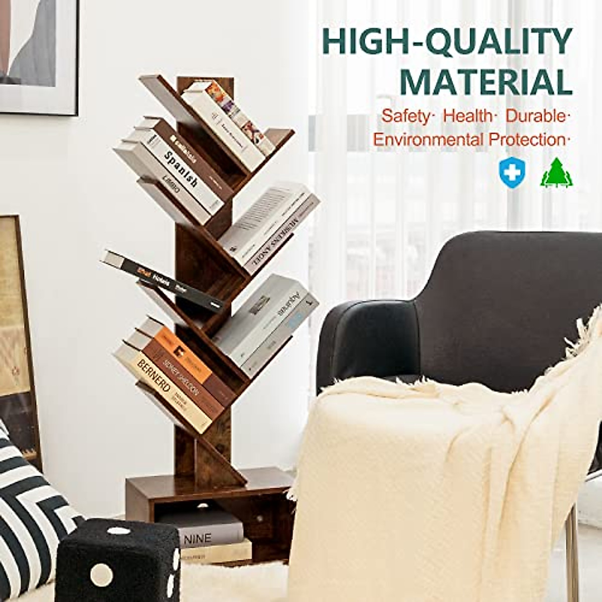 Yoobure Tree Bookshelf - 6 Shelf Retro Floor Standing Bookcase, Tall Wood Book Storage Rack for CDs/Movies/Books, Utility Book Organizer Shelves for Bedroom, Living Room, Home Office, Rustic Brown