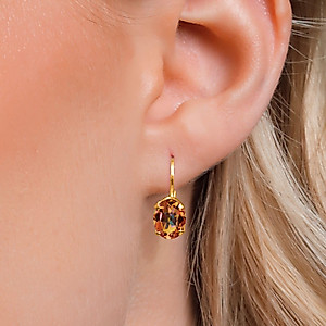 Gem Stone King 18K Gold Plated Silver Gemstone Birthstone Leverback Dangle Earrings | Oval 8X6MM | Gold Earrings for Women