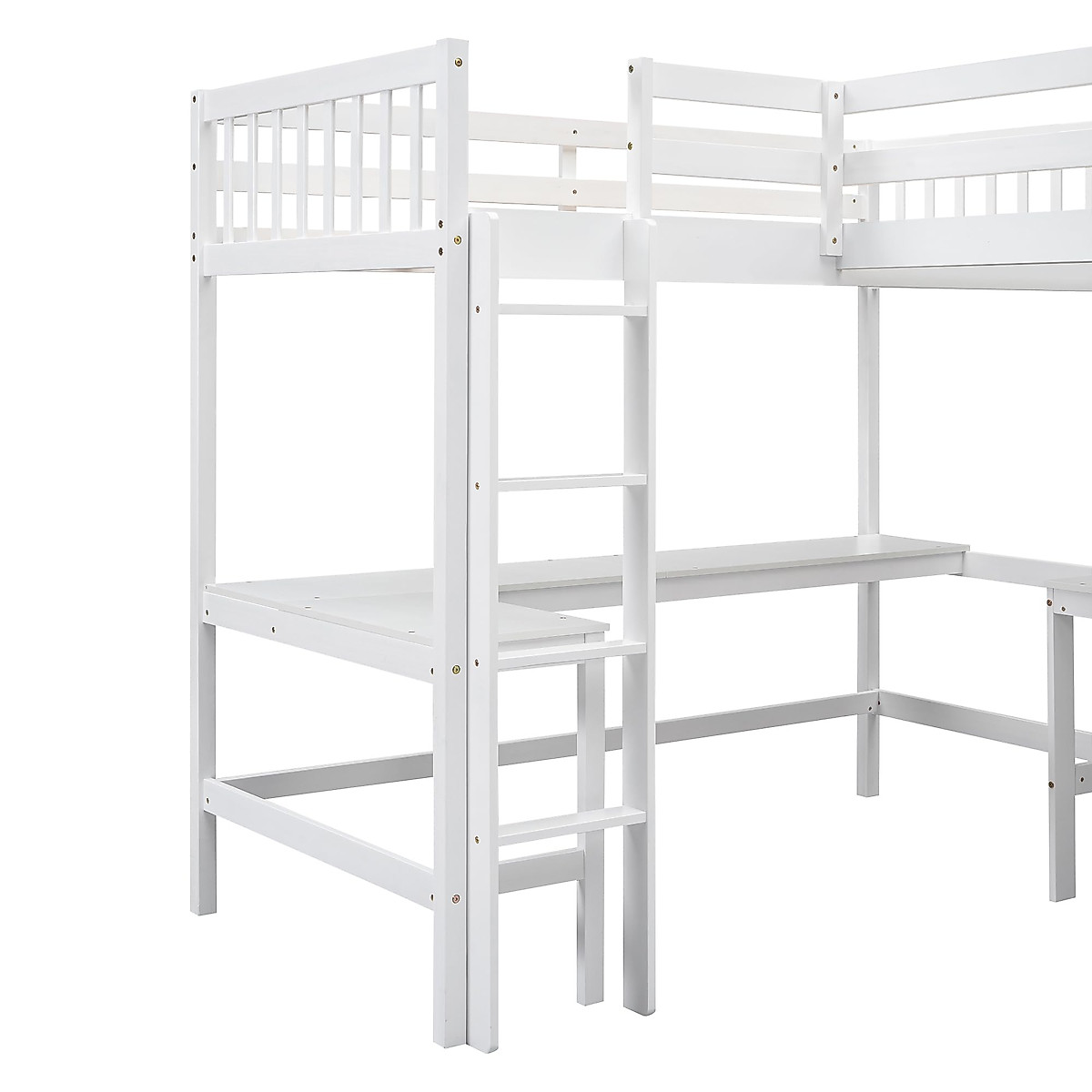 DRELOFT Twin Size L-Shaped Double Loft Beds with 2 Built-in Desks and Ladder, Wood Double High Loft Bed Frame with Safety Guardrails for Kids, Teens, Boys and Girls, 2 Beds in 1 Designed, White