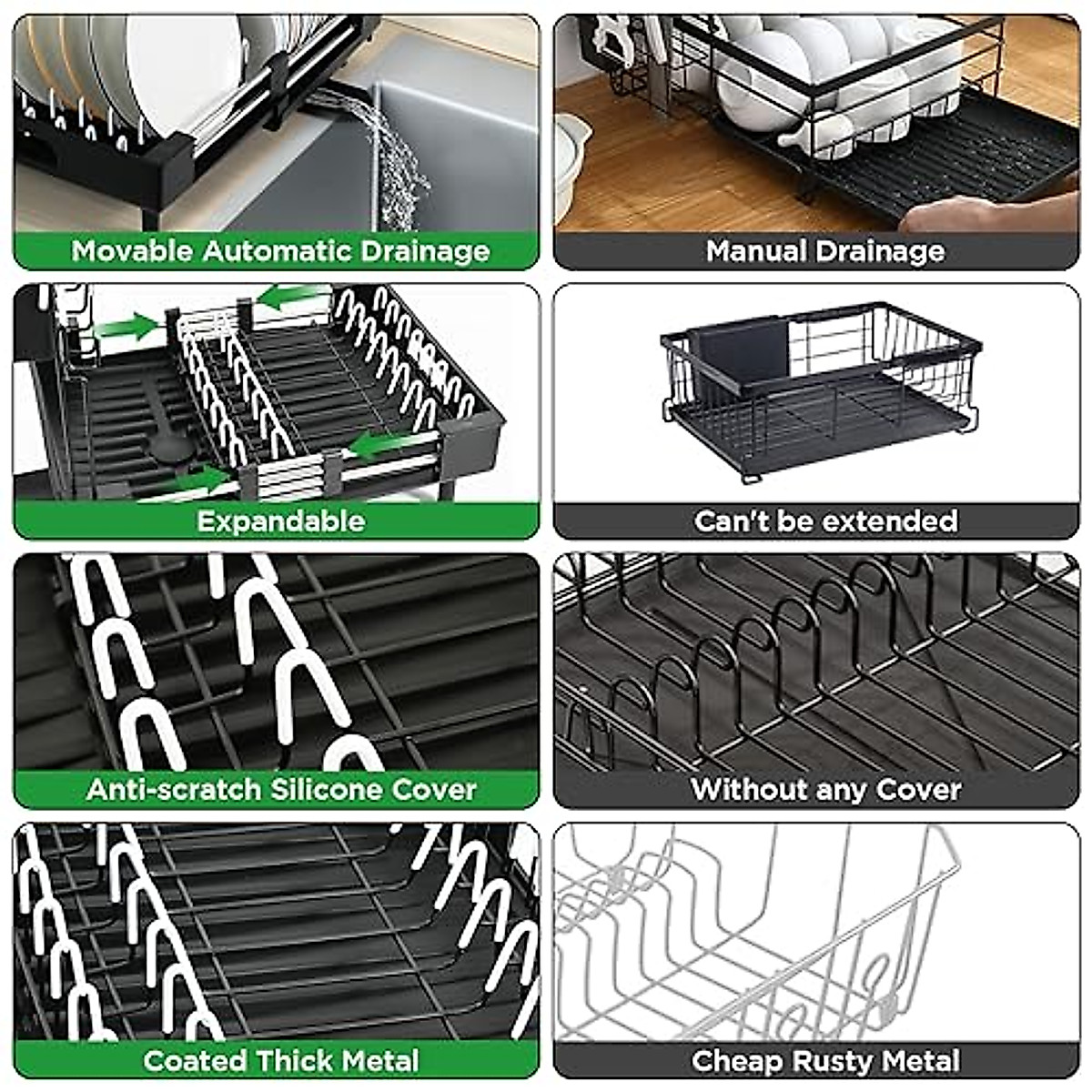 Ollieroo Dish Drying Rack, Rustproof Dish Racks for Kitchen Counter with Removable Utensil Holder,Knife Slots and Cups Holder,Large Capacity Drying Rack for Storage Plates Bowls Cups Utensil(Black)